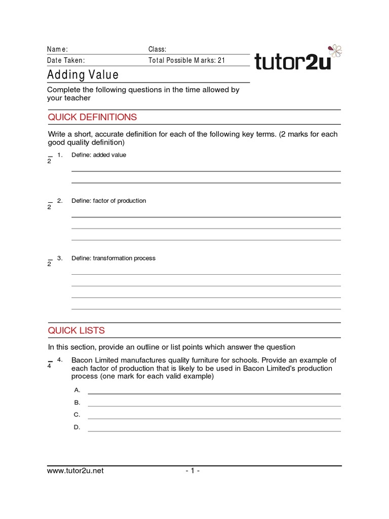 Adding-Value Worksheet | PDF | Value (Economics) | Profit (Economics)