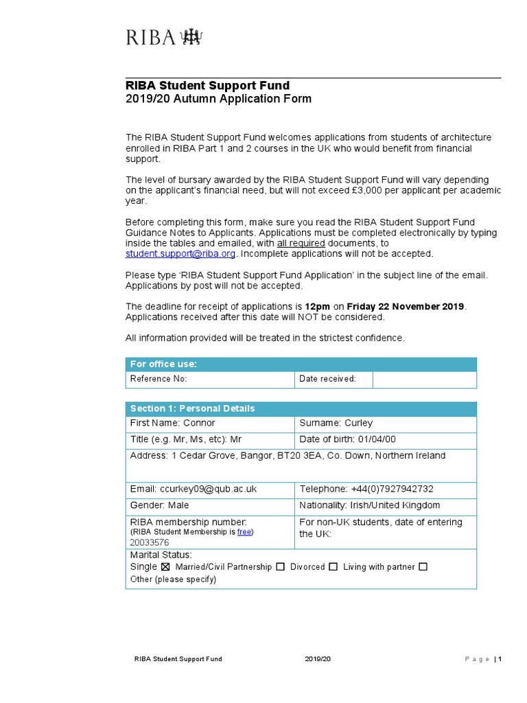 2019/20 Autumn Application Form: RIBA Student Support Fund | PDF | Expense | Tuition Payments