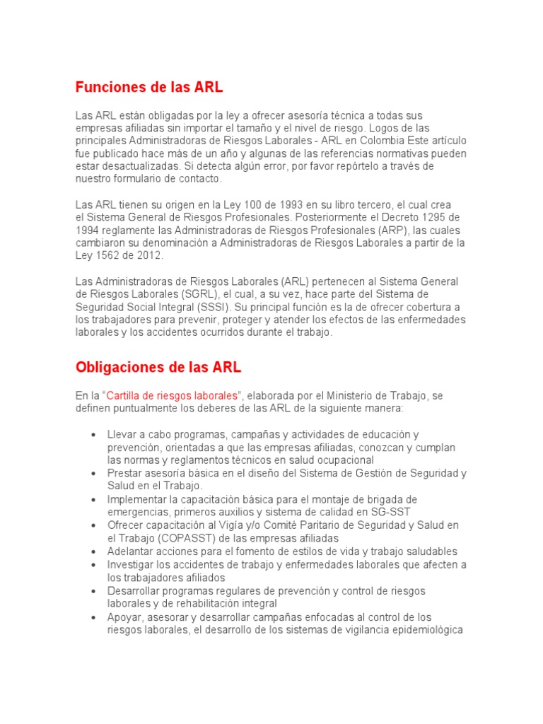 Funciones de Las ARL | PDF | Seguridad y salud ocupacional | Bienestar