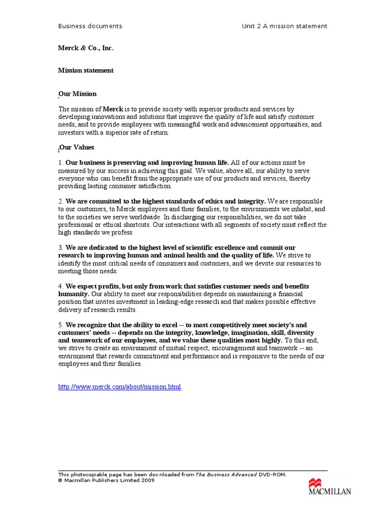 Merck's Mission and Core Values | PDF | Finance & Money Management