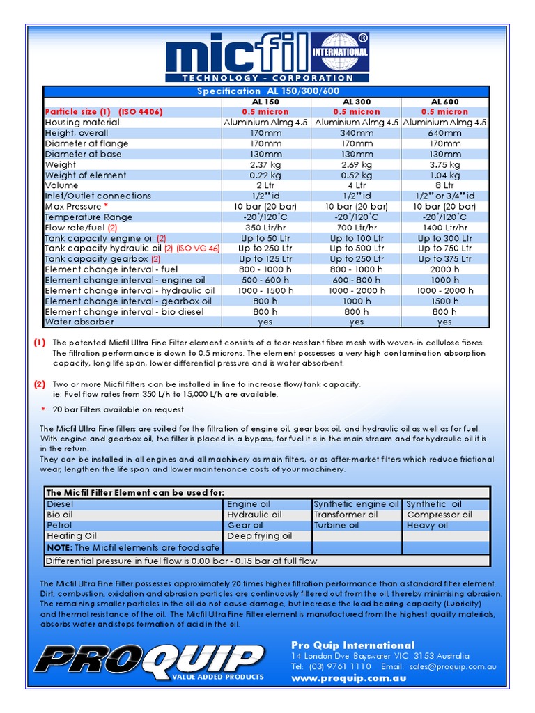 Specification AL 150/300/600: Particle Size (1) (ISO 4406) 0.5 Micron 0 ...
