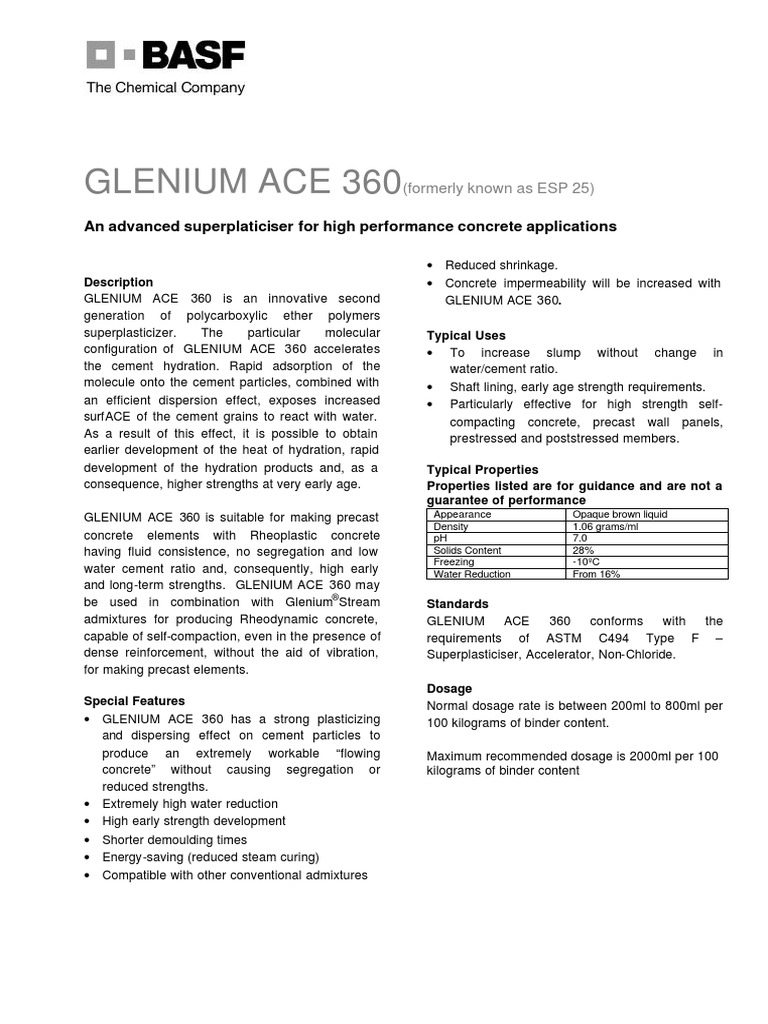 GLENIUM Ace 360 | PDF | Concrete | Materials Science