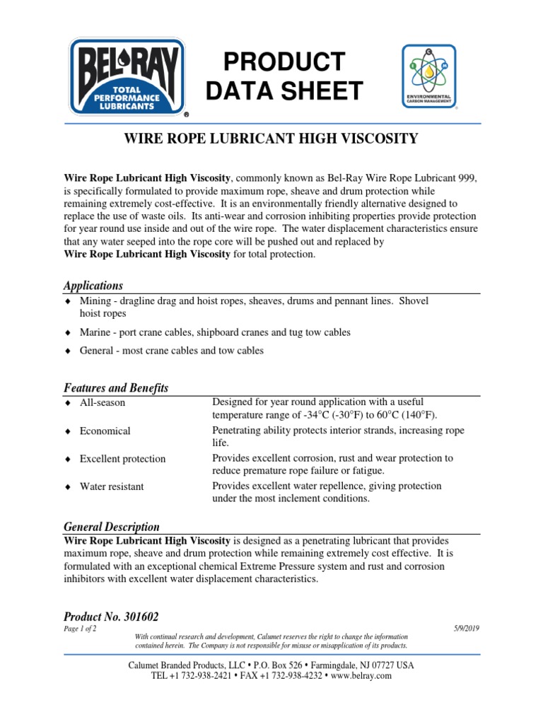 Product Data Sheet: Wire Rope Lubricant High Viscosity | PDF ...