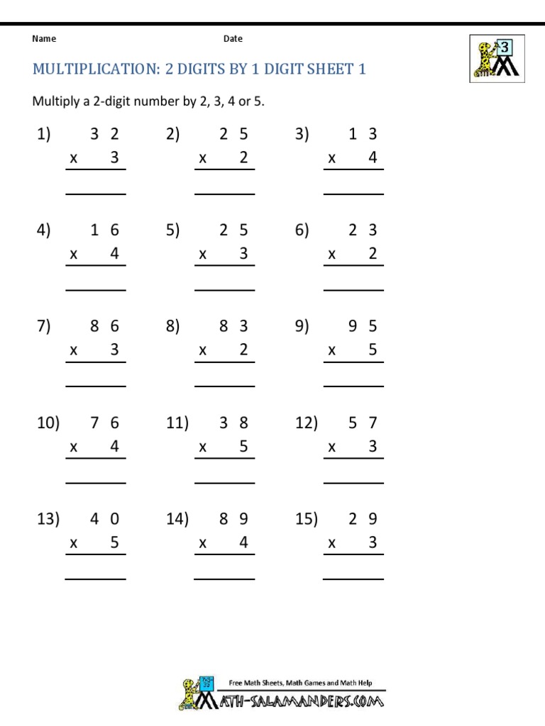 Multiplication: 2 Digits by 1 Digit Sheet 1 | PDF