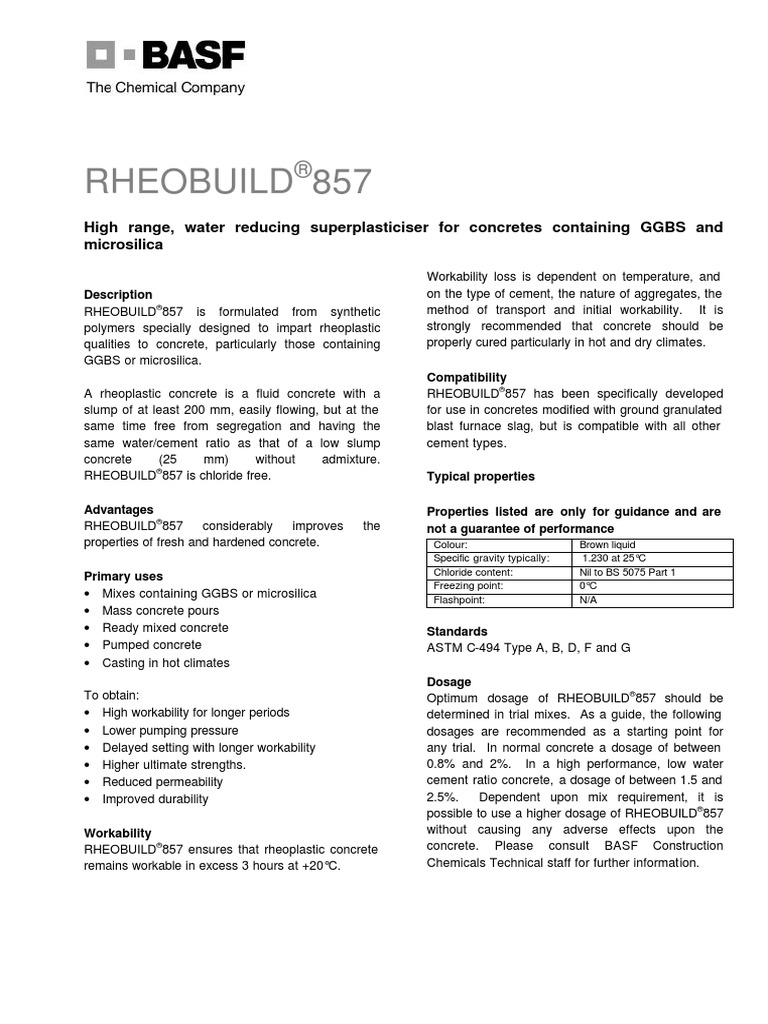 Rheobuild 857: High Range, Water Reducing Superplasticiser For ...