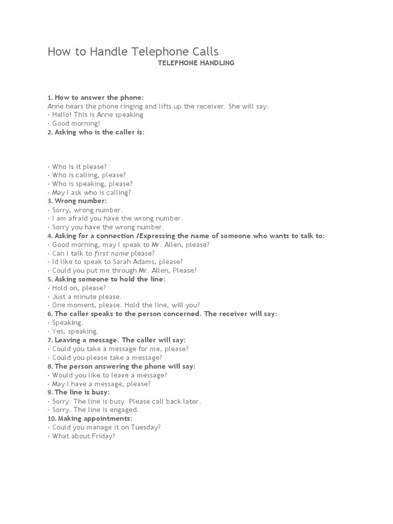 How To Handle Telephone Calls | PDF