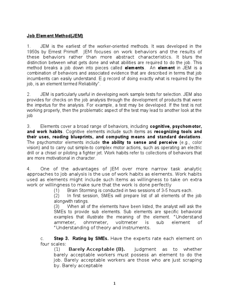 JEM Job Element Method breaks jobs into behavioral elements | PDF ...