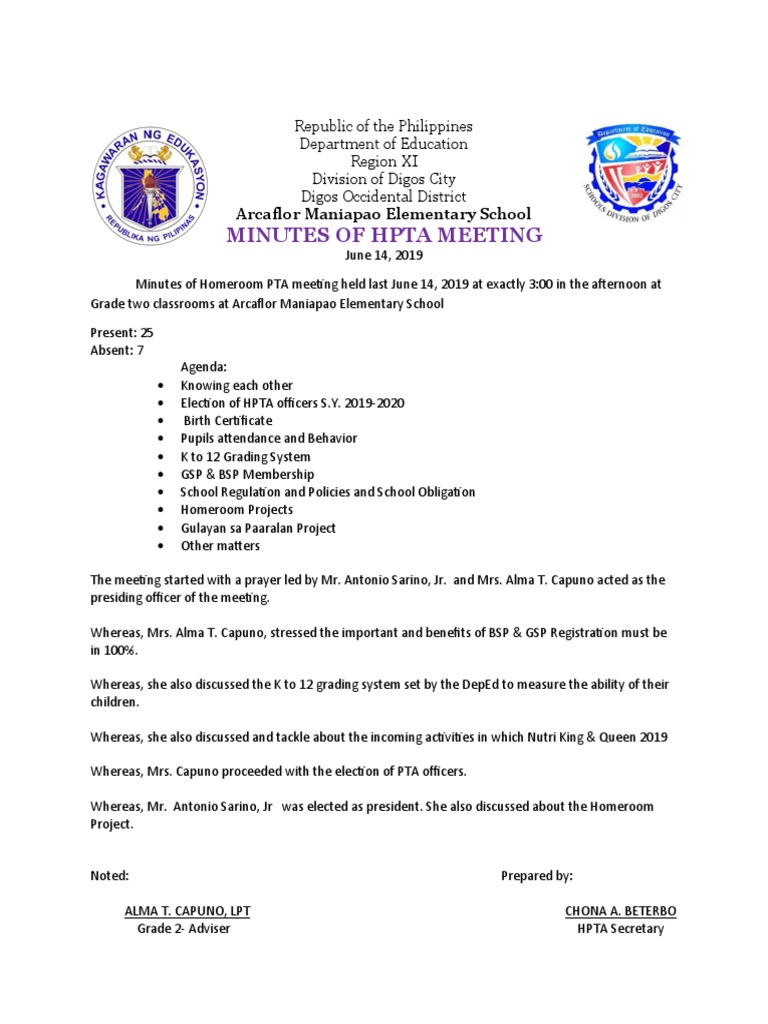 Minutes of PTA Meeting New 2019-2020 | PDF | Government | Social ...