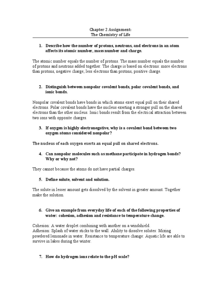 General Biology Chapter 2 Assignment | PDF | Chemical Polarity ...