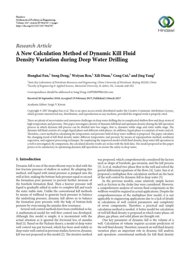 Research Article: A New Calculation Method of Dynamic Kill Fluid ...