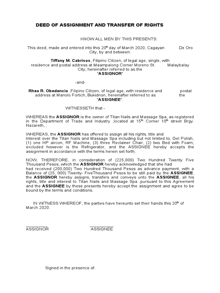 DEED OF ASSIGNMENT AND TRANSFER OF RIGHTS Panyang | PDF | Assignment ...