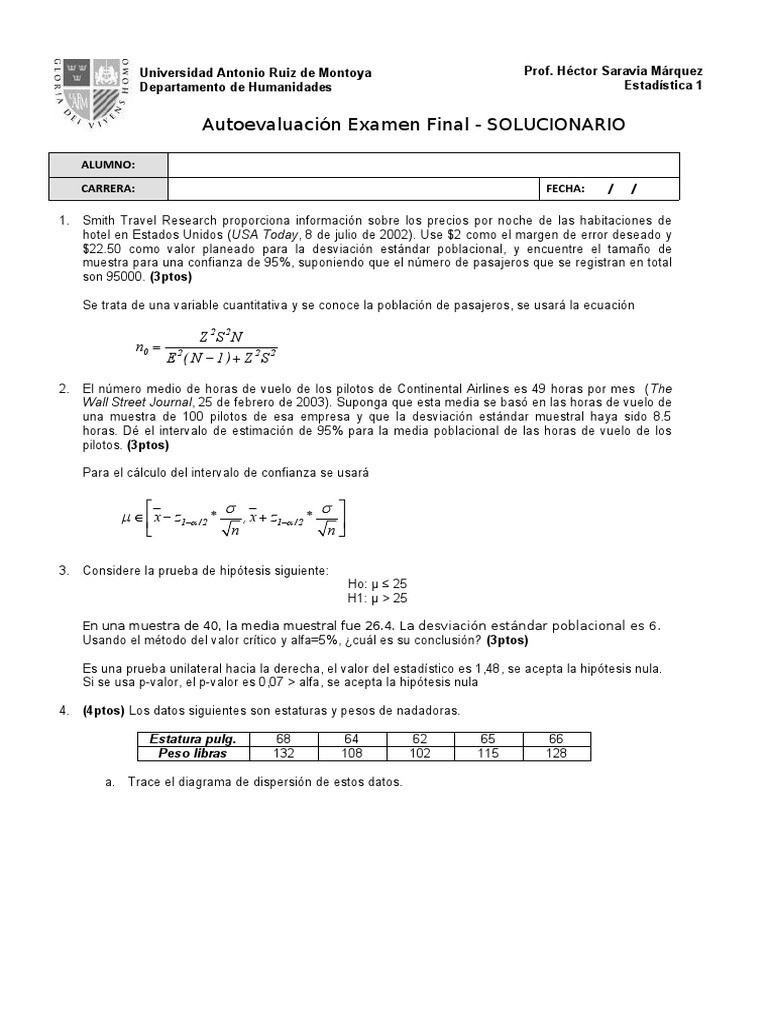 Auto Evaluacion Exm Final ESTADISTICA 1 SOLUCIONARIO | PDF | Desviación Estándar | Intervalo de ...