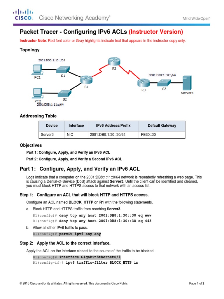 4.1.3.4 Packet Tracer - Configuring IPv6 ACLs PDF | PDF | I Pv6 | Denial Of Service Attack