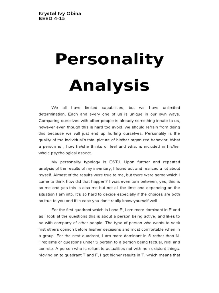 Personality Analysis: Krystel Ivy Obina BEED 4-15 | PDF | Nature Versus ...