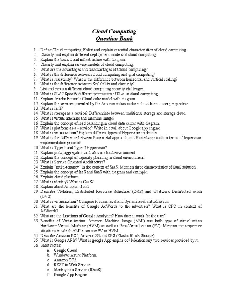 Cloud Computing Question Bank Overview | PDF | Cloud Computing ...