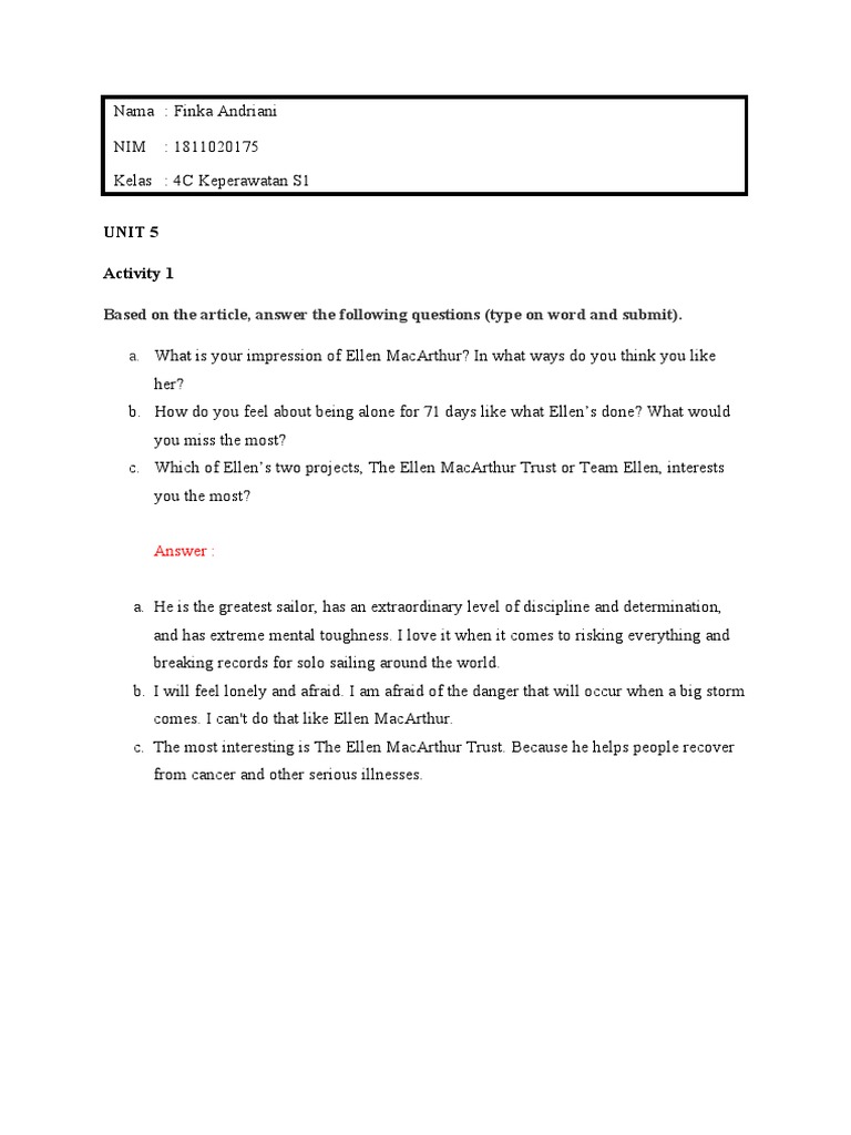 Unit 5 Activity 1: Based On The Article, Answer The Following Questions (Type On Word and Submit ...