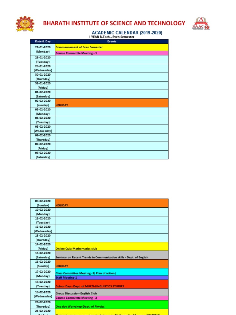 BIST 2019-2020 B.Tech Even Semester Calendar | PDF | Academic Term ...