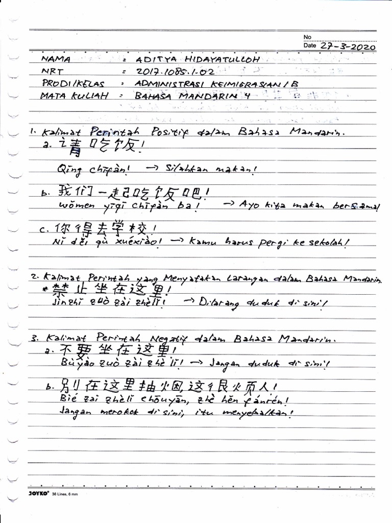 Bahasa Mandarin 4: Contoh Kalimat Perintah | PDF