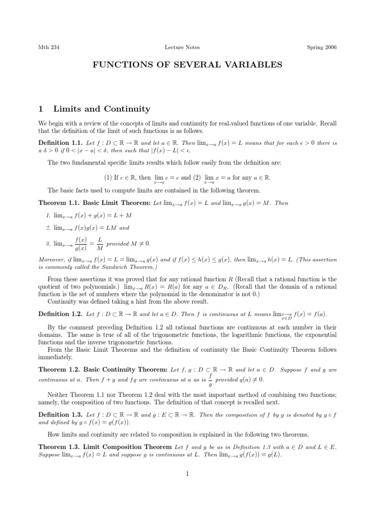 Functions Of Several Variables Mth 234 Lecture Notes Spring 2006 Pdf