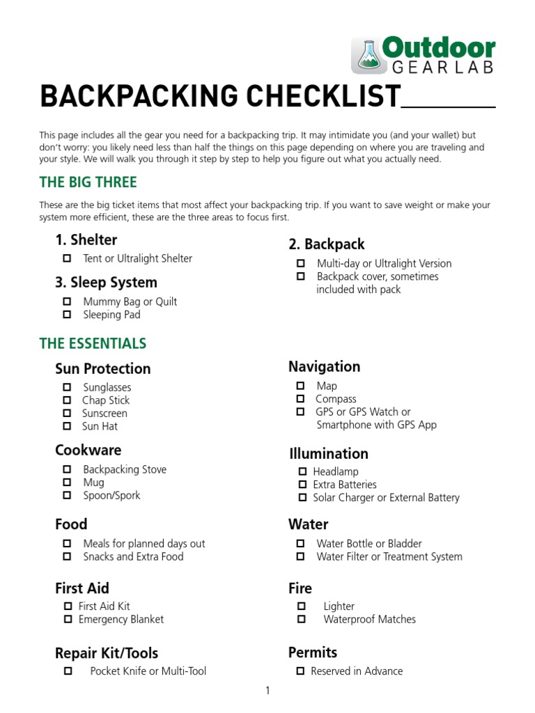 Backpacking Checklist | Download Free PDF | Backpacking (Wilderness ...