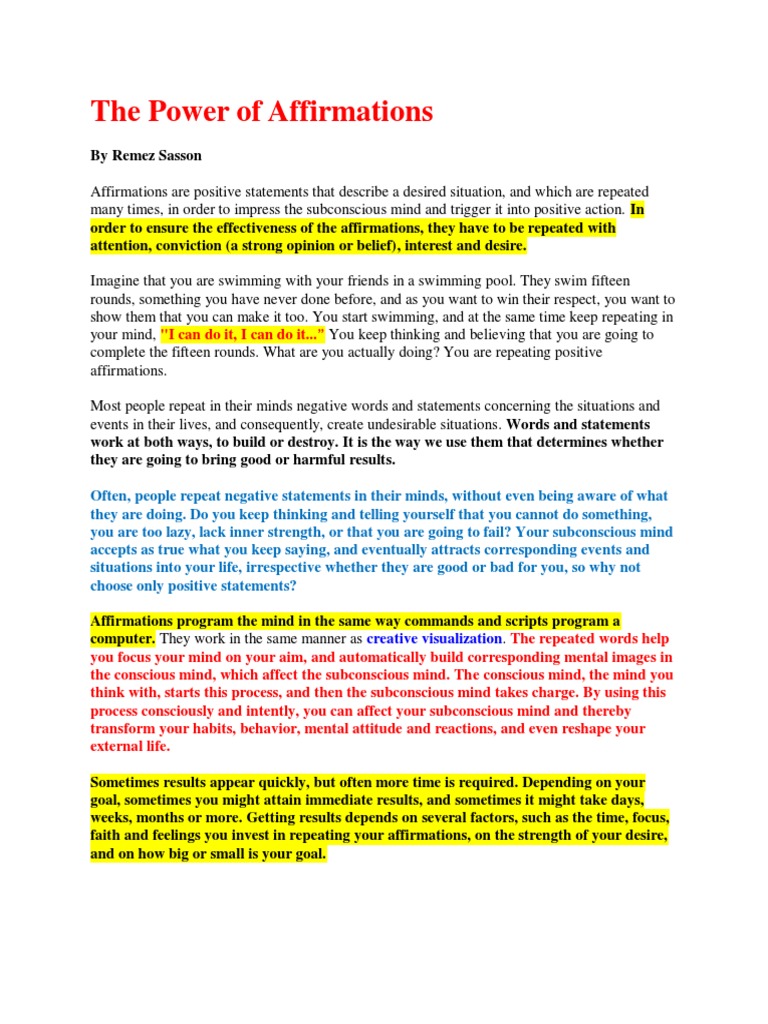 The Power of Affirmations | PDF | Mind | Goal