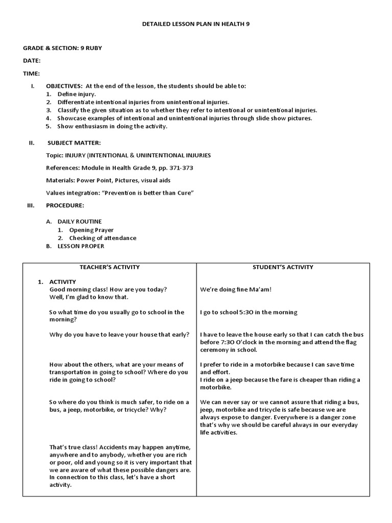 Detailed Lesson Plan in Health 9 | Download Free PDF | Injury | Wellness