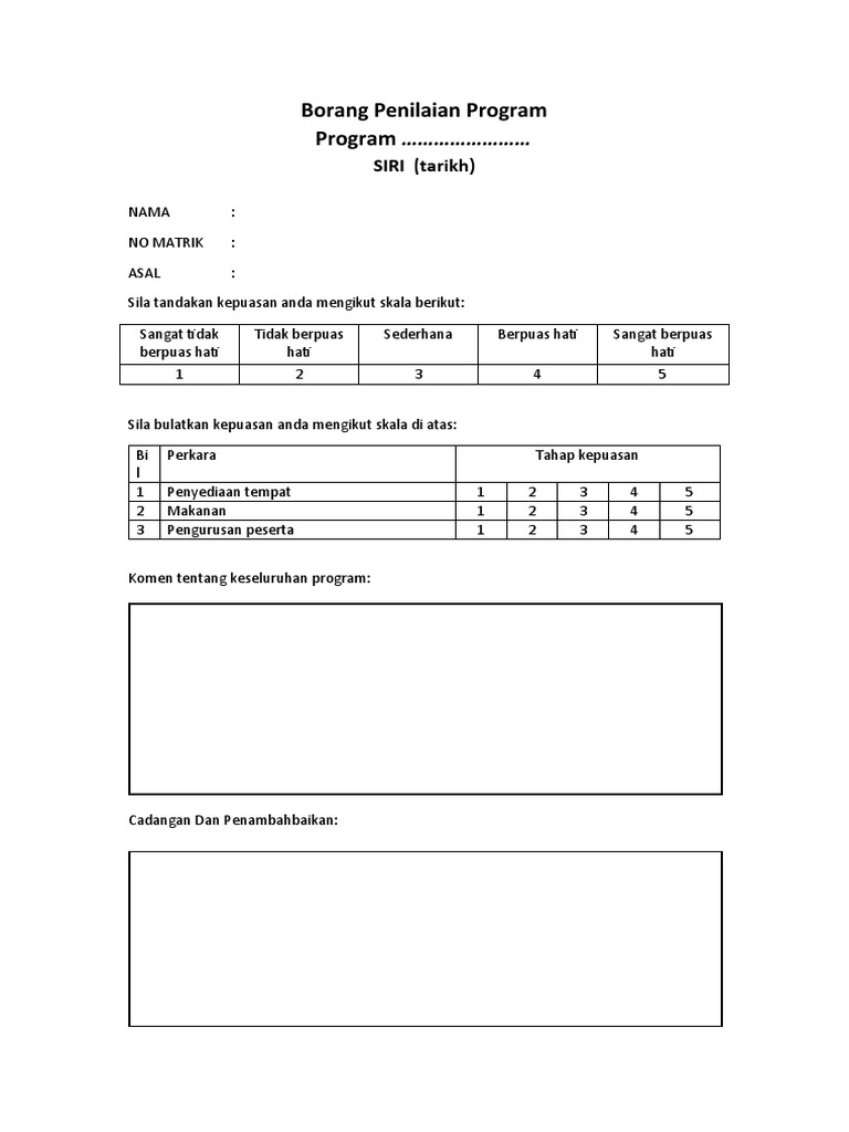 Contoh Borang Penilaian Program | PDF