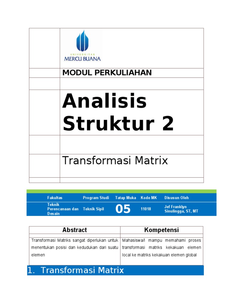 Modul Analisa Struktur 2 (TM5) - Transformasi Matrix | PDF
