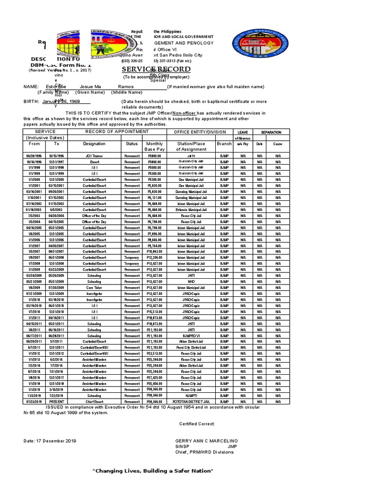 Service Record: Republic of The Philippines Position Description Form ...