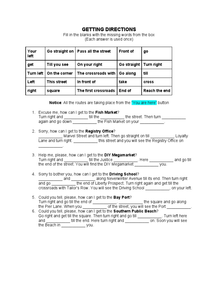 Directions Fill-in-the-Blanks Worksheet | PDF
