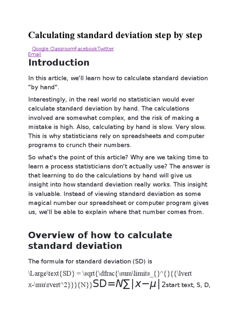 Calculating standard deviation step by step: SD=N∑∣x−μ∣ | PDF ...
