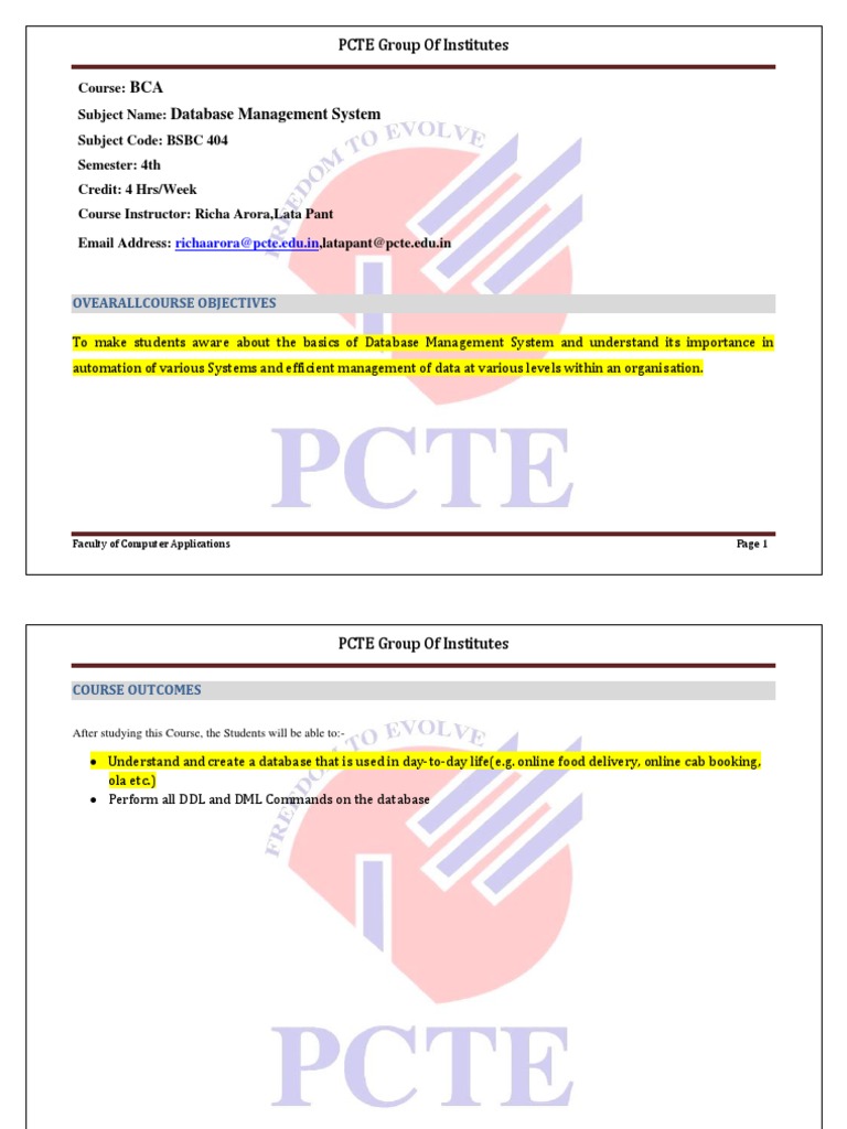 BCA Database Management System: PCTE Group of Institutes | PDF ...