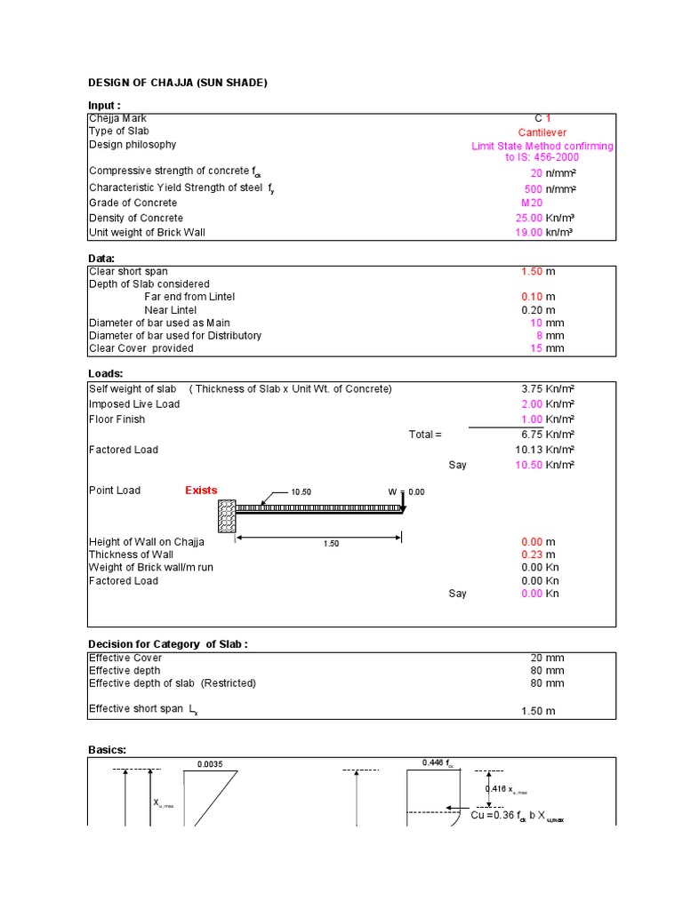 Design of Chajja (Sun Shade) Input:: Limit State Method Confirming To ...