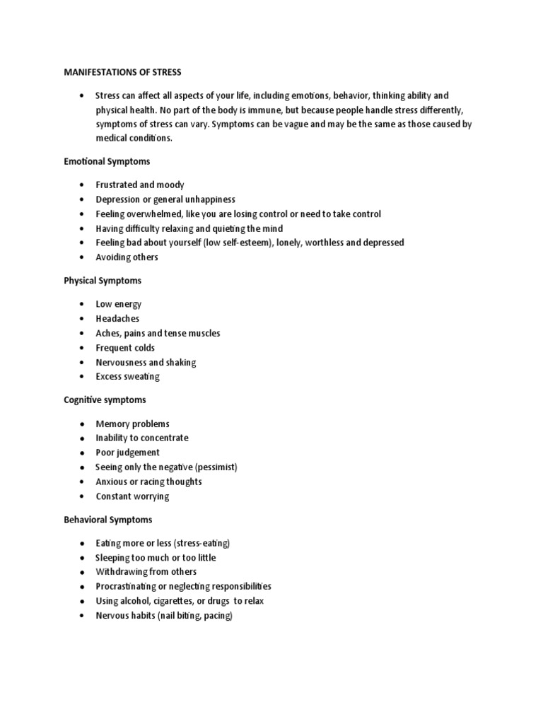 Manifestations of Stress: Emotional, Physical, Cognitive, and ...
