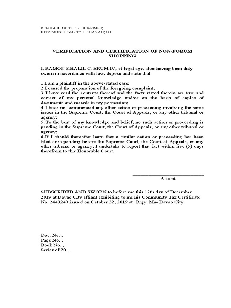 Verification and Certification of Non-Forum Shopping: Republic of The ...