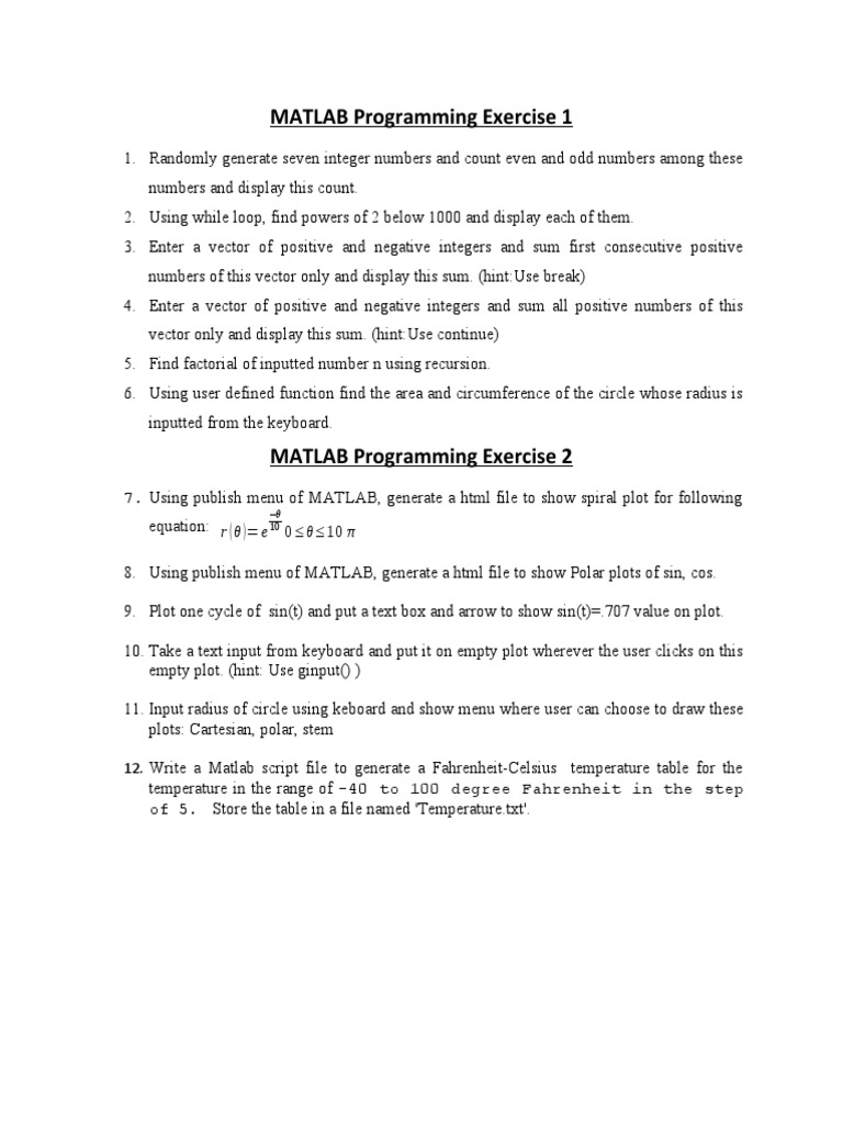 MATLAB Exercises for Beginners | PDF