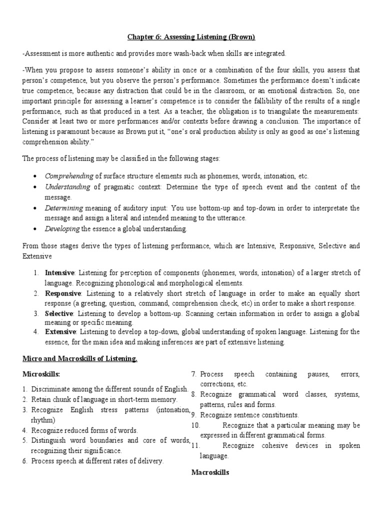 Chapter 6: Assessing Listening (Brown) | PDF | Speech | Reading ...