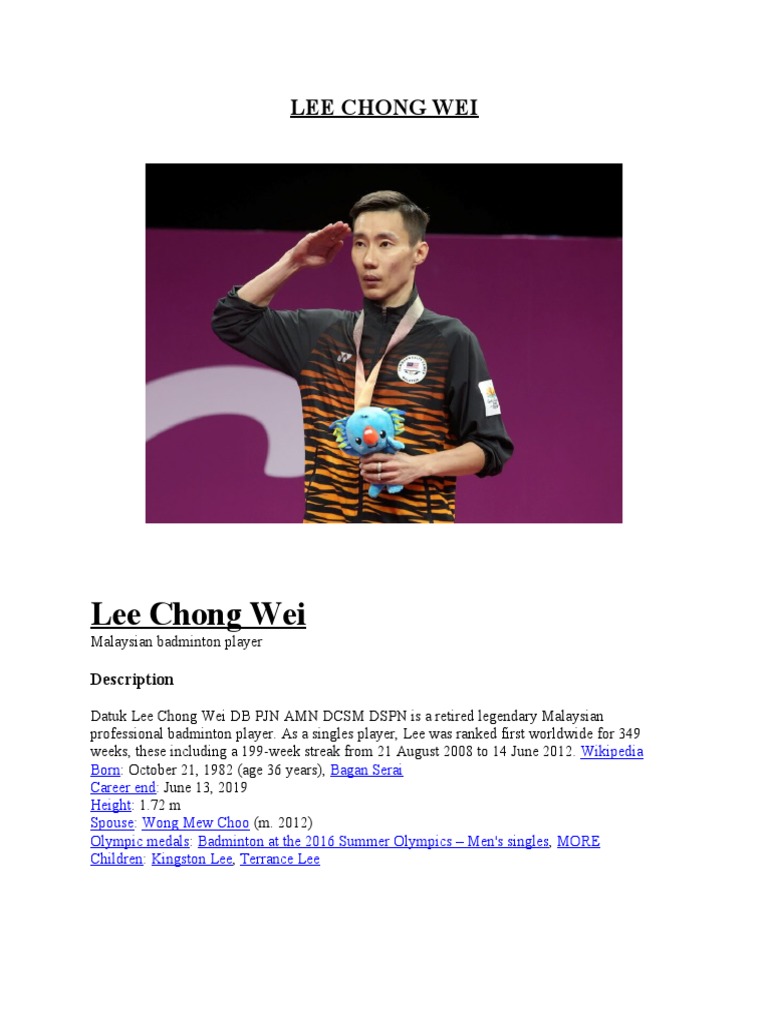 Lee Chong Wei My Sej Folio | PDF | Multi Sport Events | Sportspeople