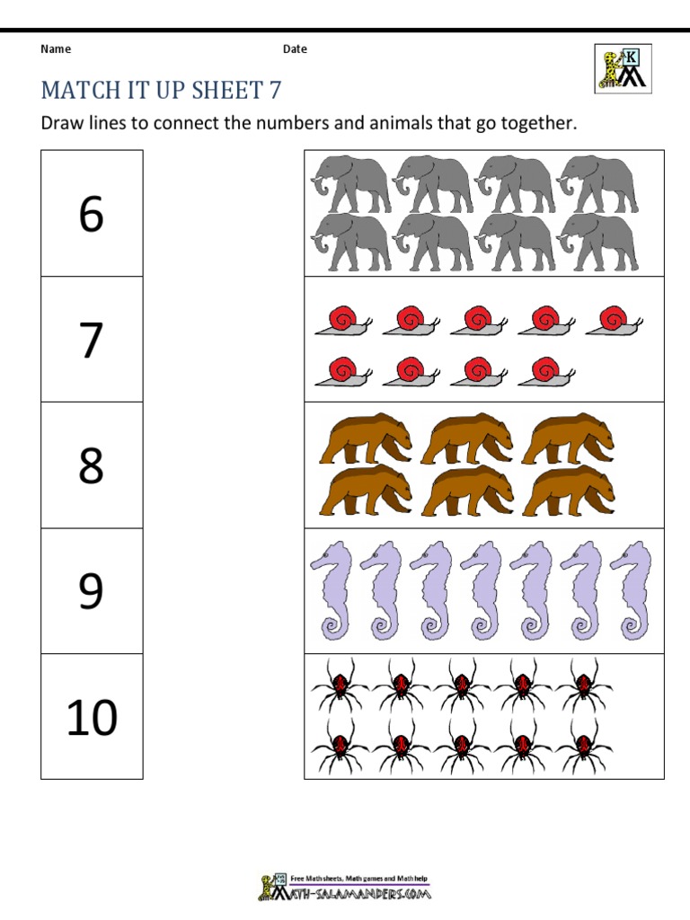 Match It Up Sheet 7: Draw Lines To Connect The Numbers and Animals That ...