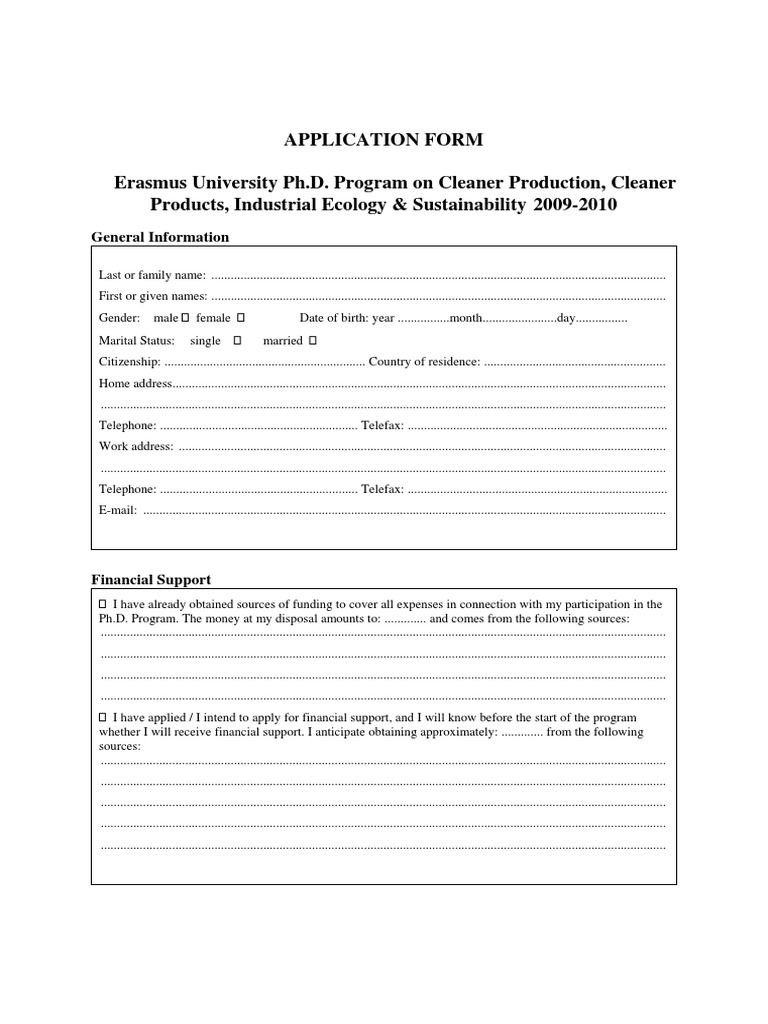 Application Form Erasmus University Ph.D. Program On Cleaner Production ...