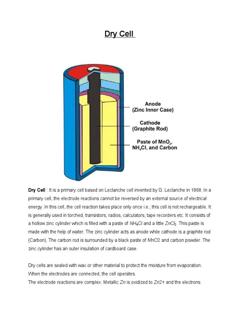 Dry Cell: Dry Cell: It Is A Primary Cell Based On Leclanche Cell ...