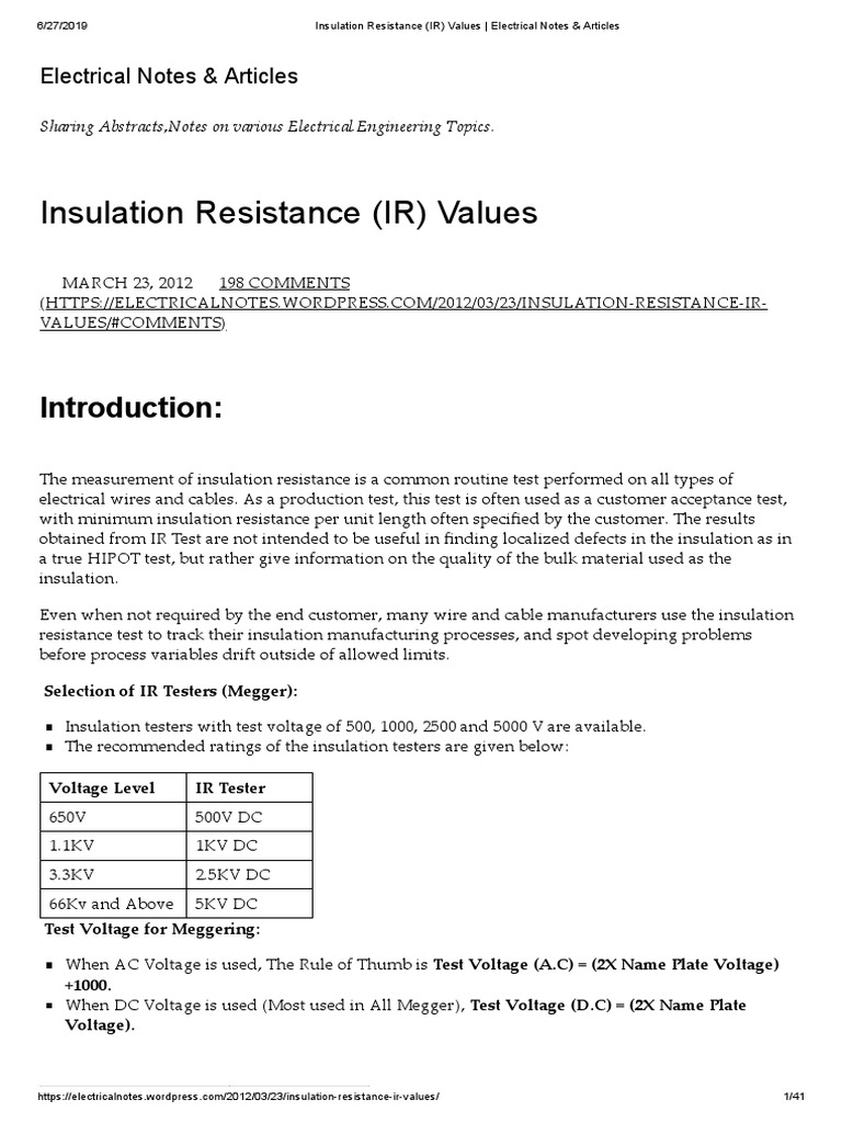 Insulation Resistance Values Explained | PDF | Transformer | Insulator ...