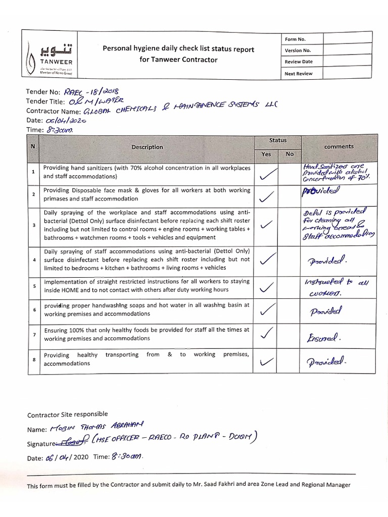 Personal Hygiene Checklist of 06-04-2020 | PDF