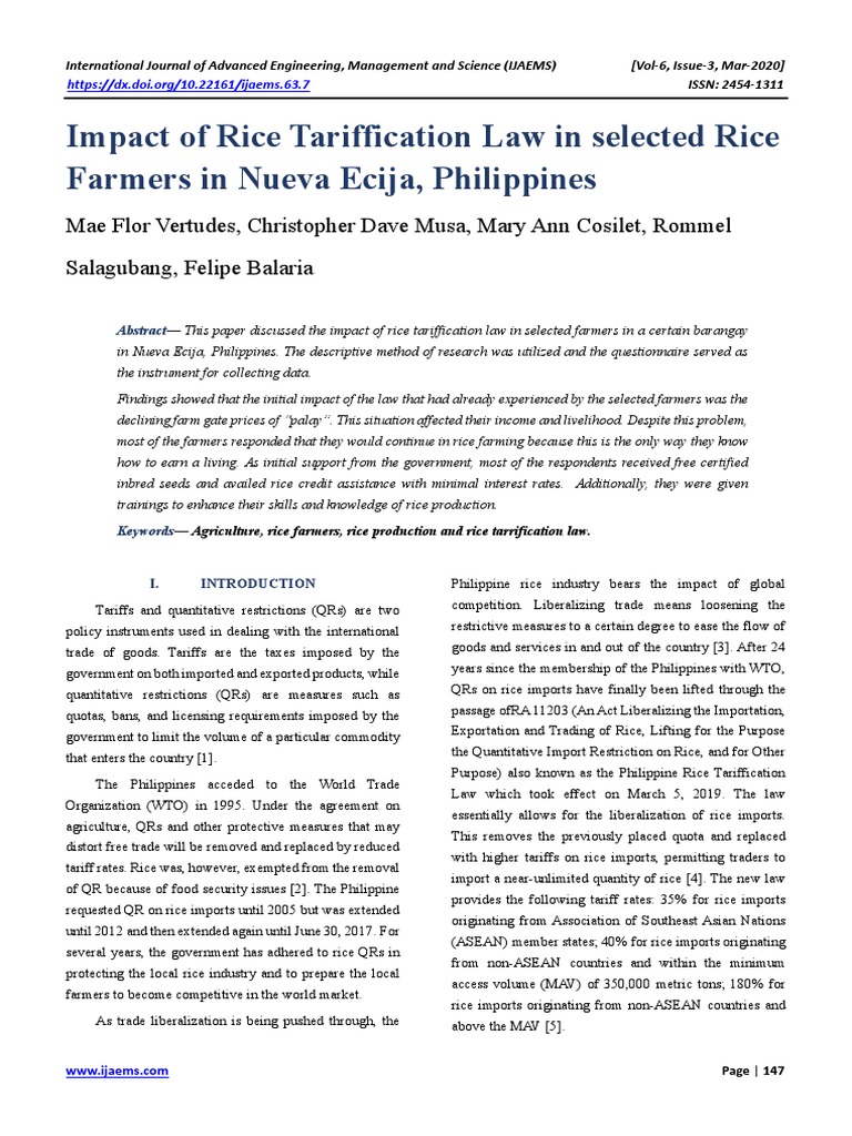 Impact of Rice Tariffication Law in Selected Rice Farmers in Nueva ...