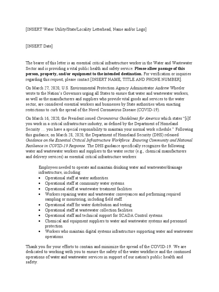 Water Utility Template Covid19 | PDF | Infrastructure | United States ...
