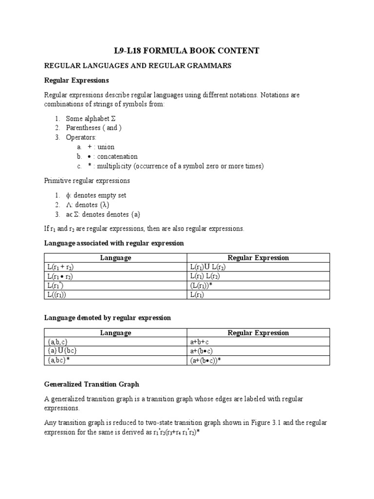 FLAT L9-L18 Formula Book | PDF | Regular Expression | Theoretical ...