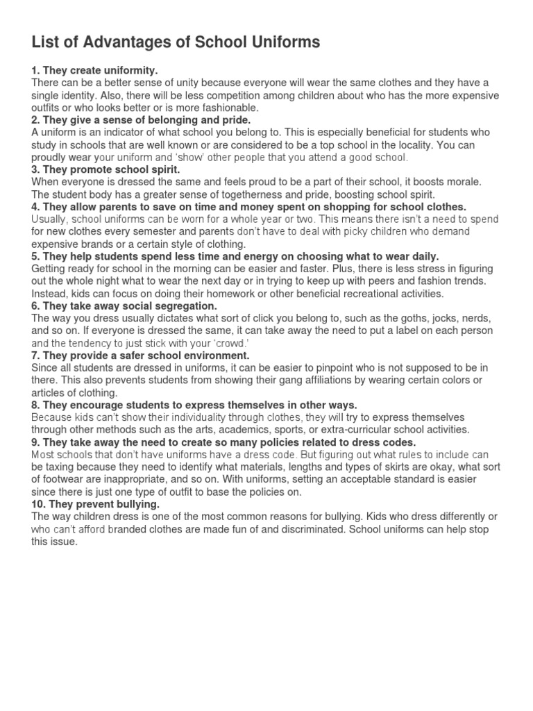 List of Advantages of School Uniforms | PDF | Clothing | Gender