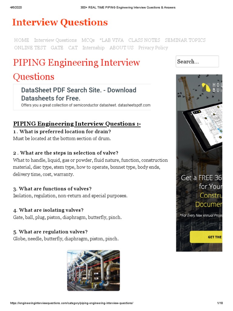Piping Engineering Interview Questions: Datasheet PDF Search Site ...