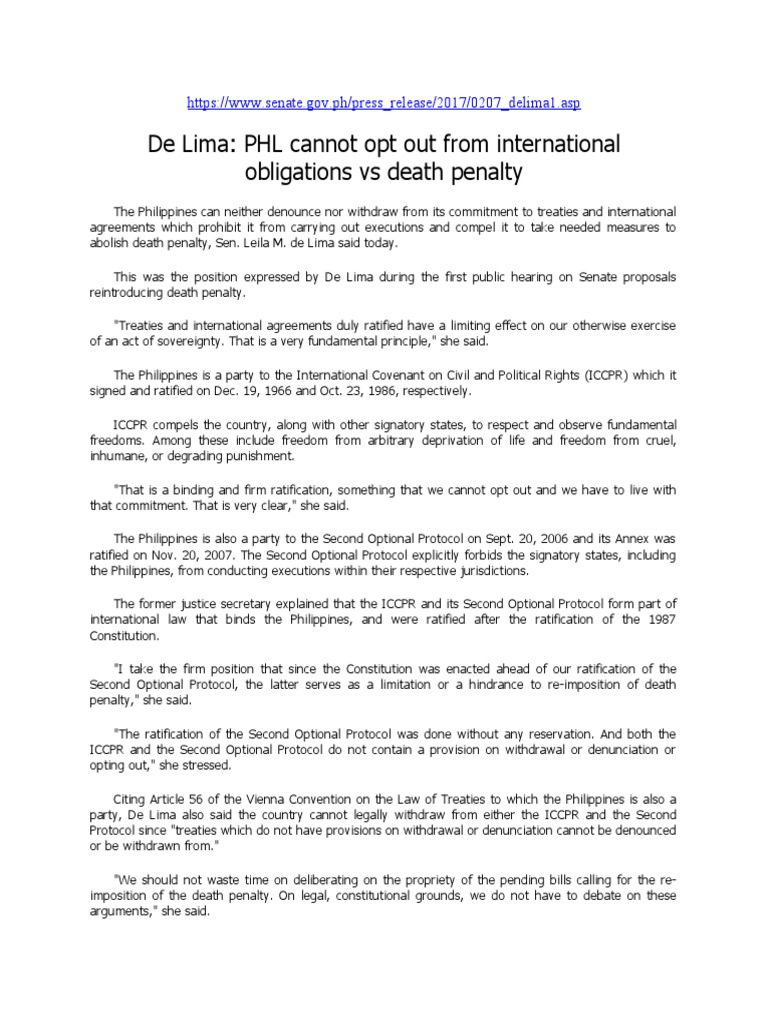 Press Release Senator de Lima | PDF | Treaty | Ratification