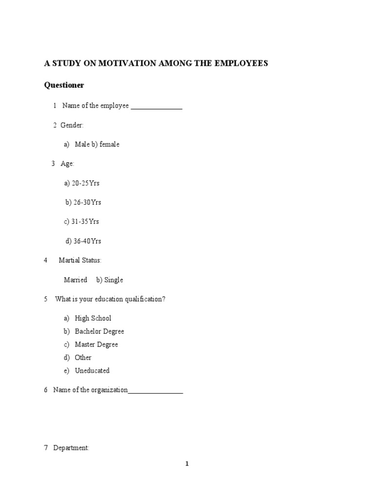 A Study On Motivation Among The Employees Questioner | PDF | Work–Life ...